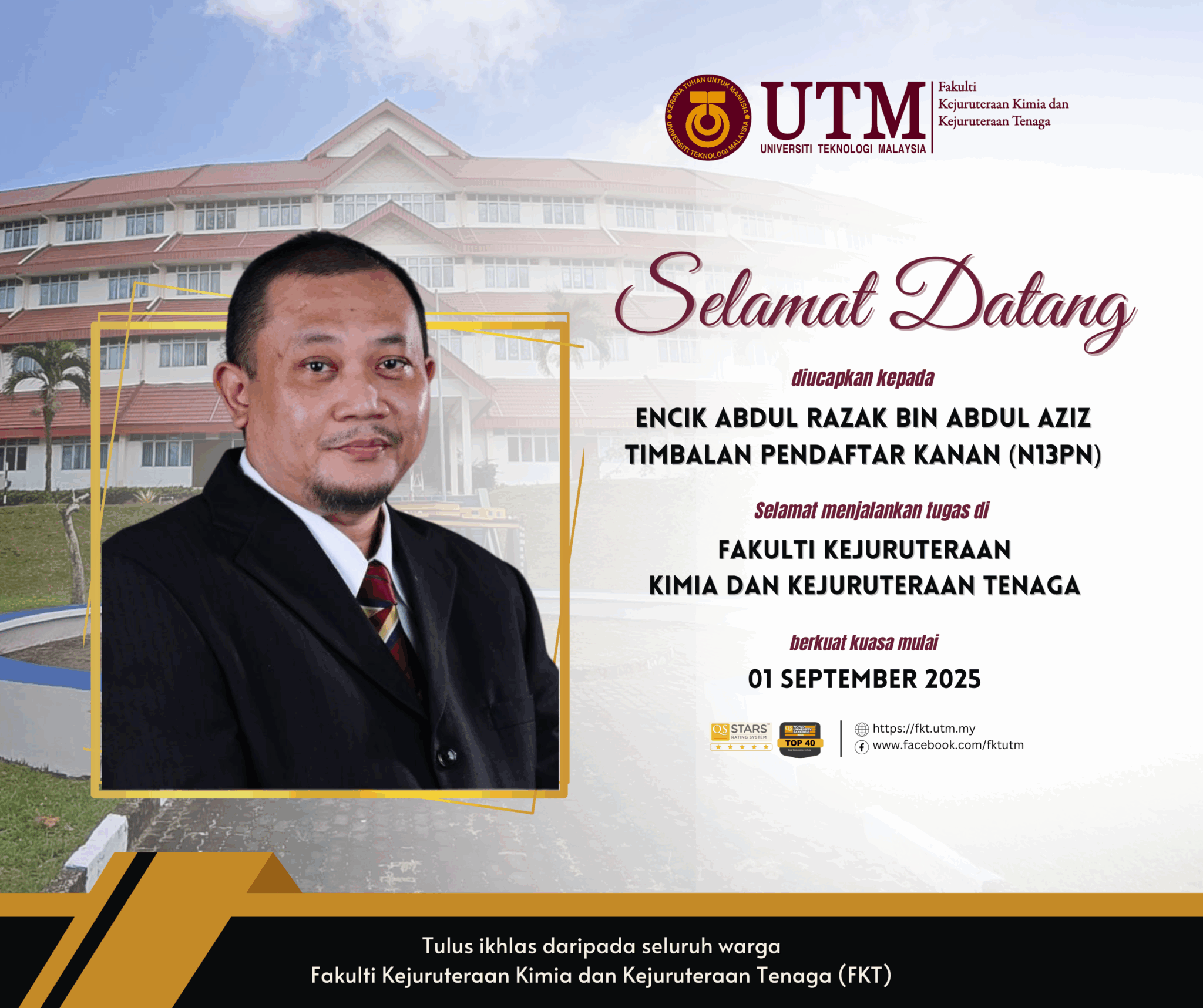 SELAMAT DATANG KEPADA STAF BAHARU KE FKT – ENCIK ABDUL RAZAK BIN ABDUL ...
